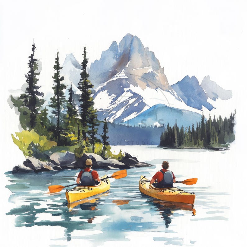 16 Kayaking Clipart, Watercolor Lake Kayaking Scenery Clip Art ...