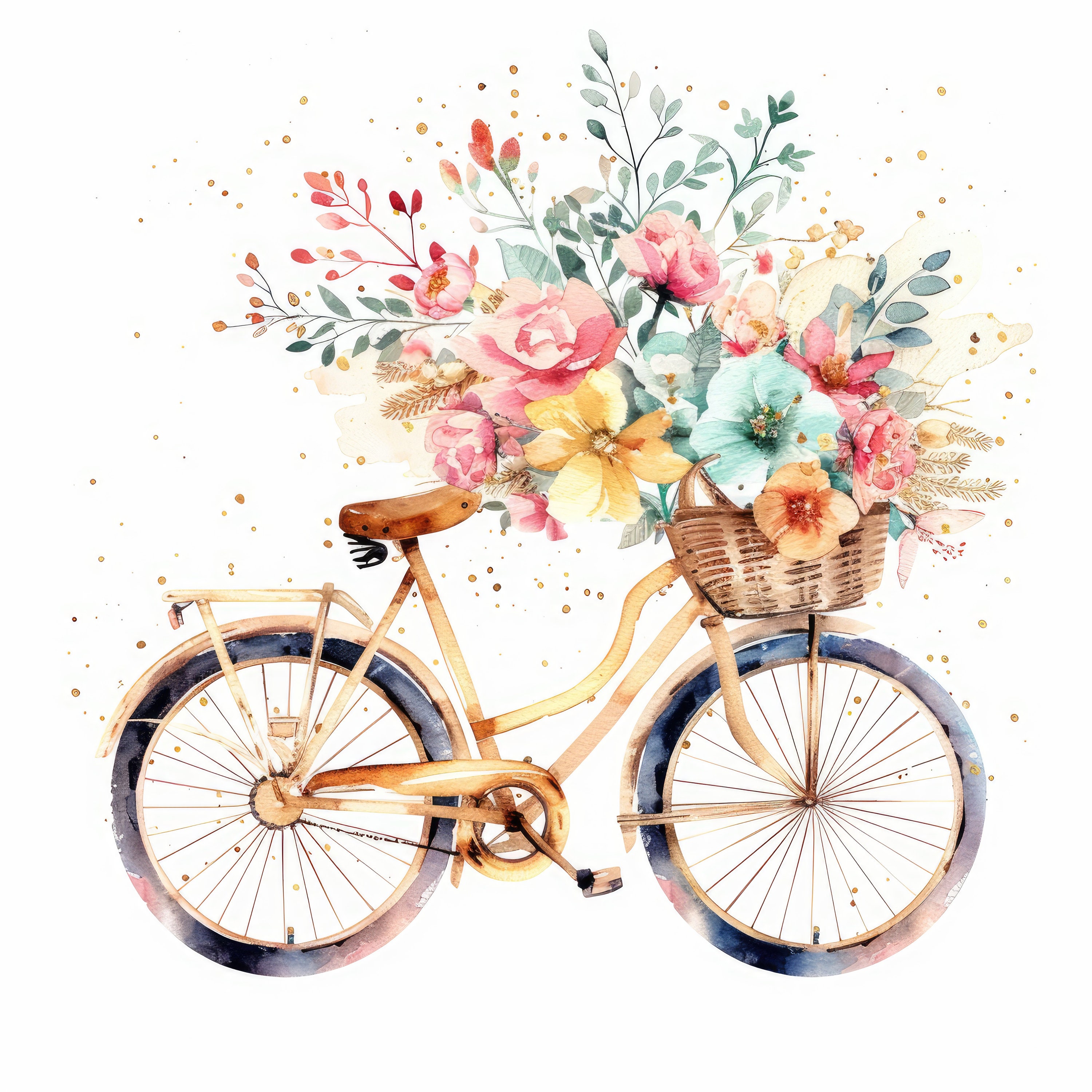 14 Bicycles With Basket of Flowers Glittered Clipart Jpgs, Watercolor ...