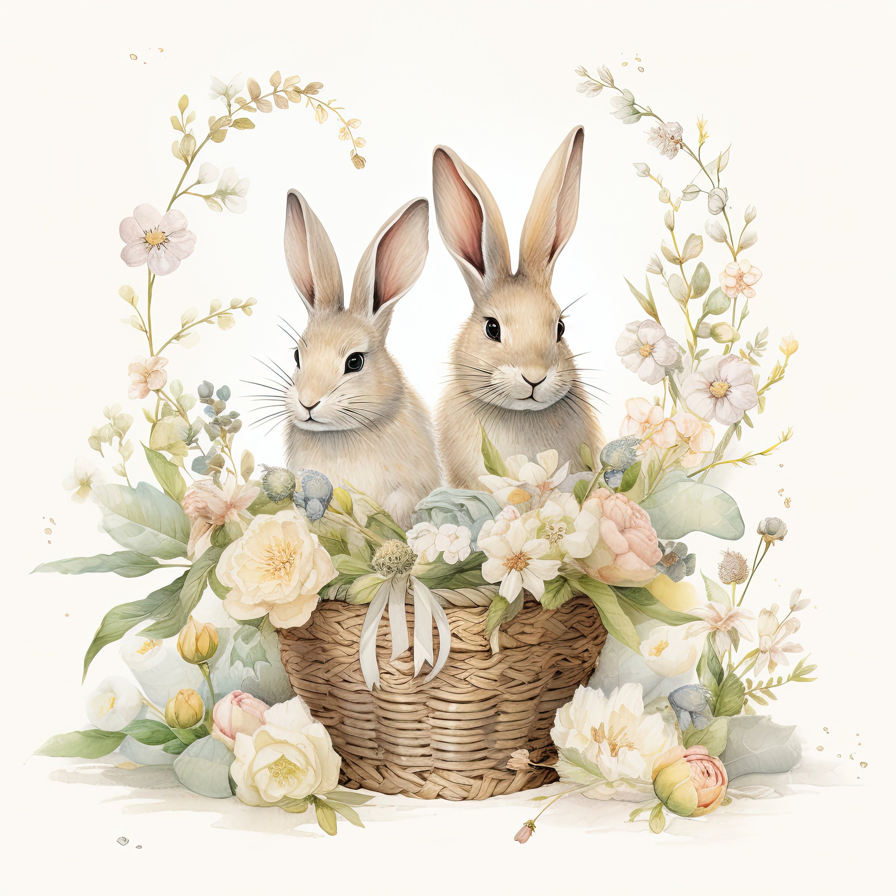 34 Easter Bunny Eggs Basket Clipart, Jpgs, Spring Bunny, Watercolor ...