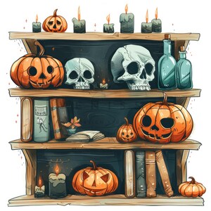 17 Halloween Bookshelf Clipart, Shelf With Pumpkins Books Clipart ...