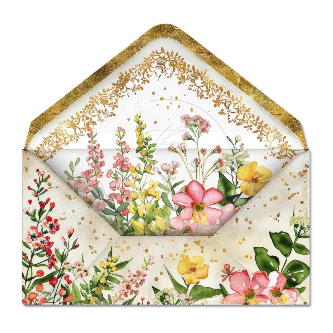 18 Vintage Floral Envelope With Lace and Golden Sprinkles Clipart ...