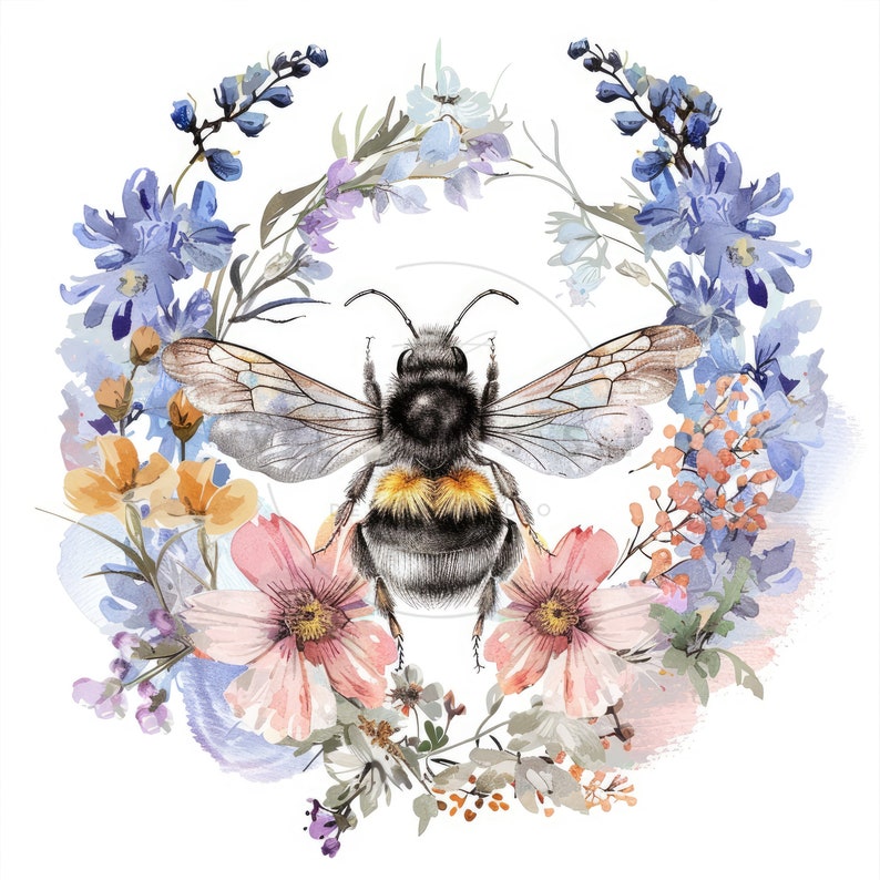 12 Bee and Wildflowers Clipart, Watercolor Bee in Flowers Clipart ...