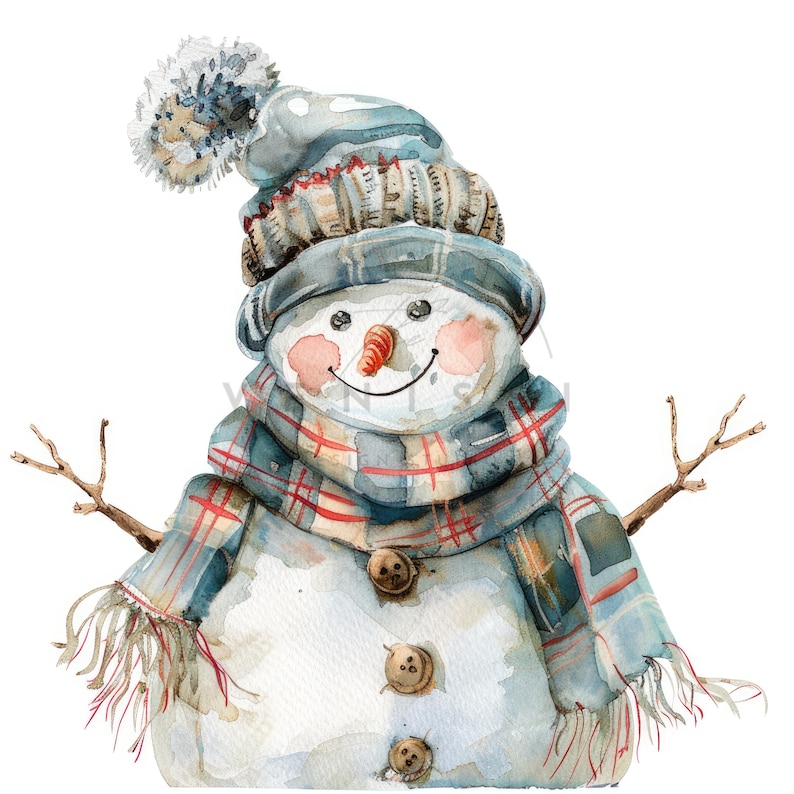 20 Whimsical Snowman Clipart, Watercolor Snowman Clipart, Christmas ...