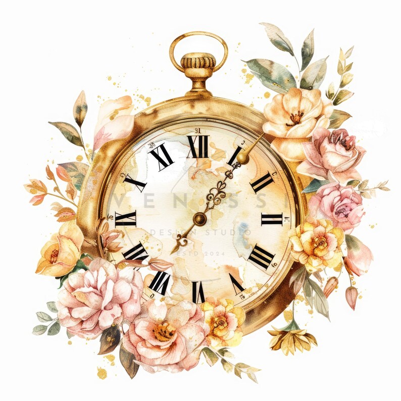 16 Vintage Floral Clock Clipart, Watercolor Floral Clock Clipart ...
