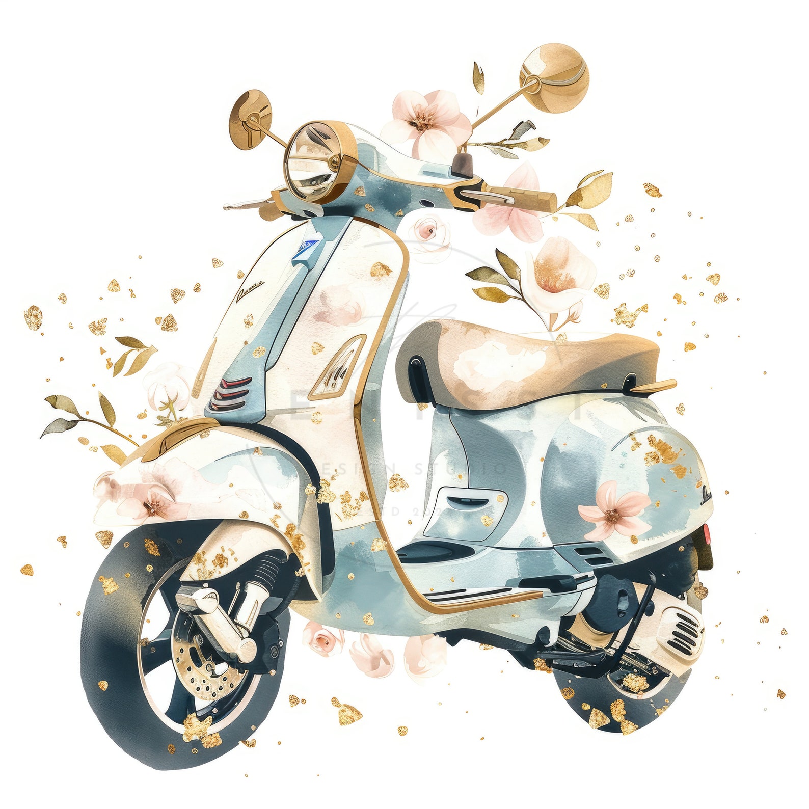 11 Vespa Scooter With Flowers and Gold Clipart, Watercolor Moto Scooter ...