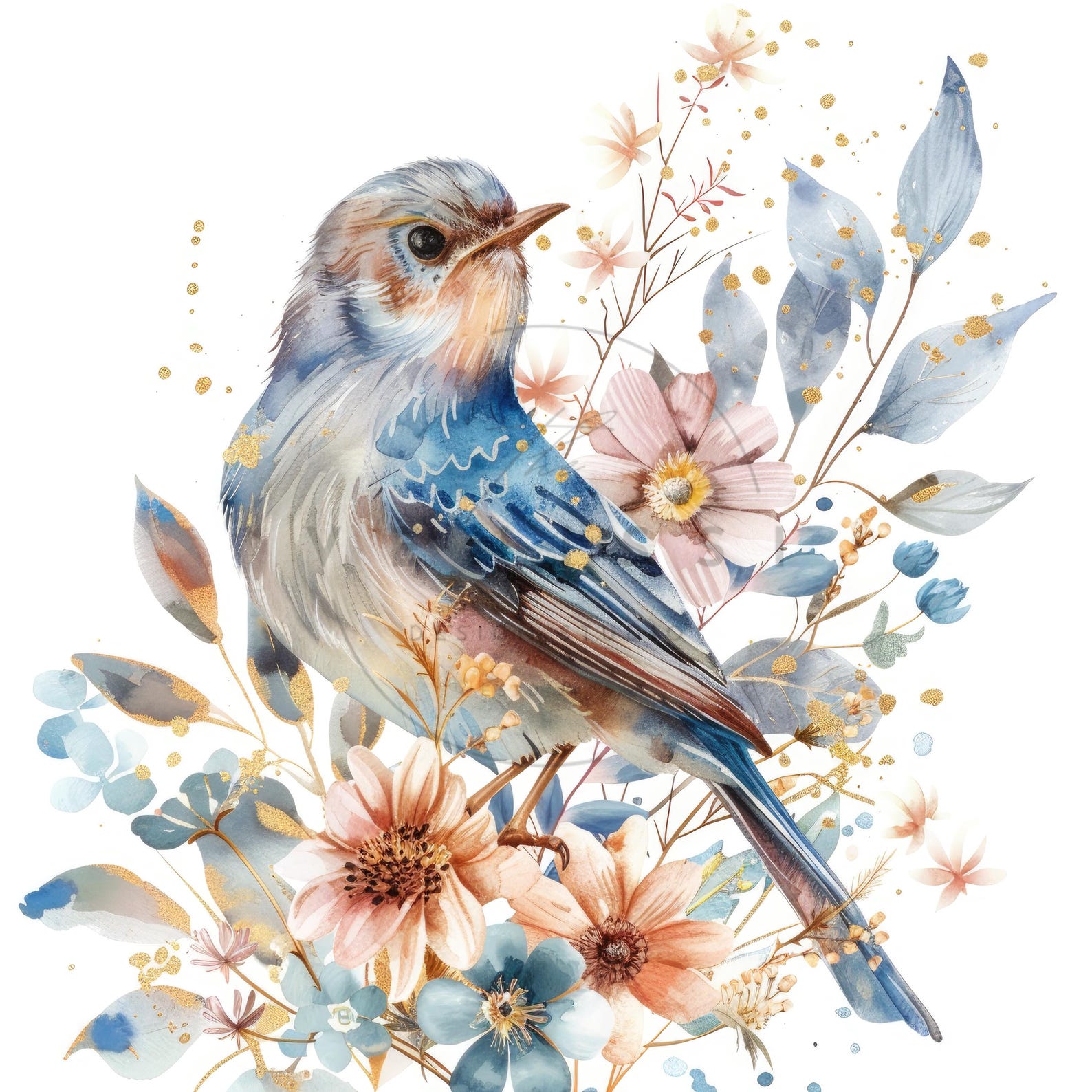 11 Bird in Flowers Clipart, Watercolor Floral Bird Clipart, Printable ...