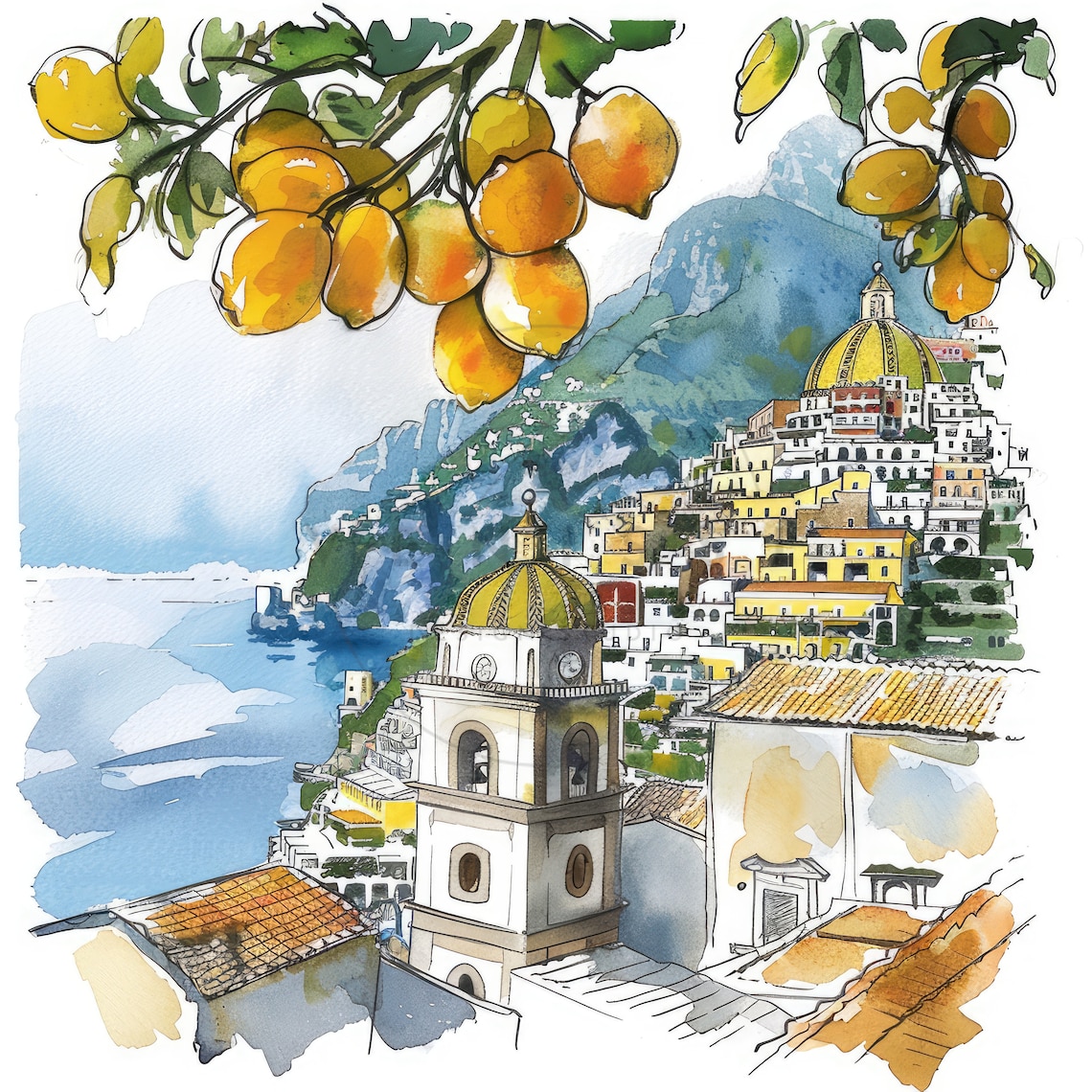 15 Italian Coast Clipart, Watercolor Amalfi Citrus Coast Clip Art ...