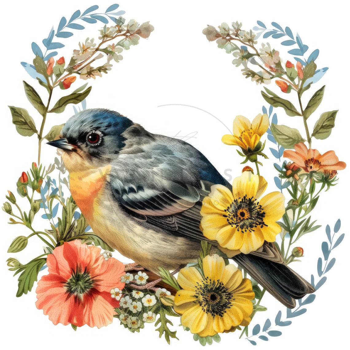 11 Vintage Bird in Flowers Clipart, Watercolor Floral Bird Clipart ...