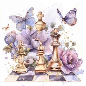 16 Floral Chessboard Clipart, Watercolor Chess Print, Printable High ...