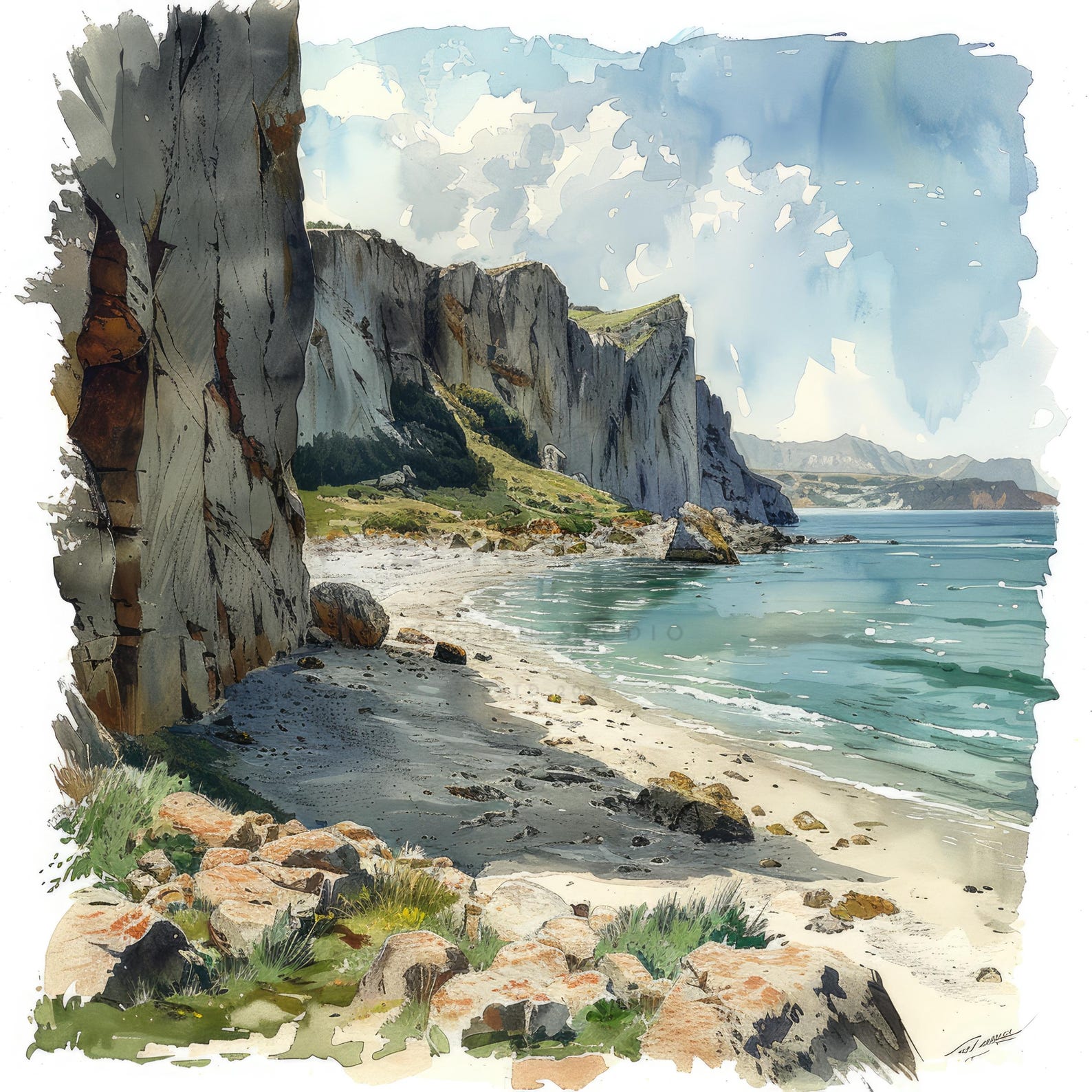 12 Watercolor Rocky Coastline Landscape Clipart, Sea View Print ...