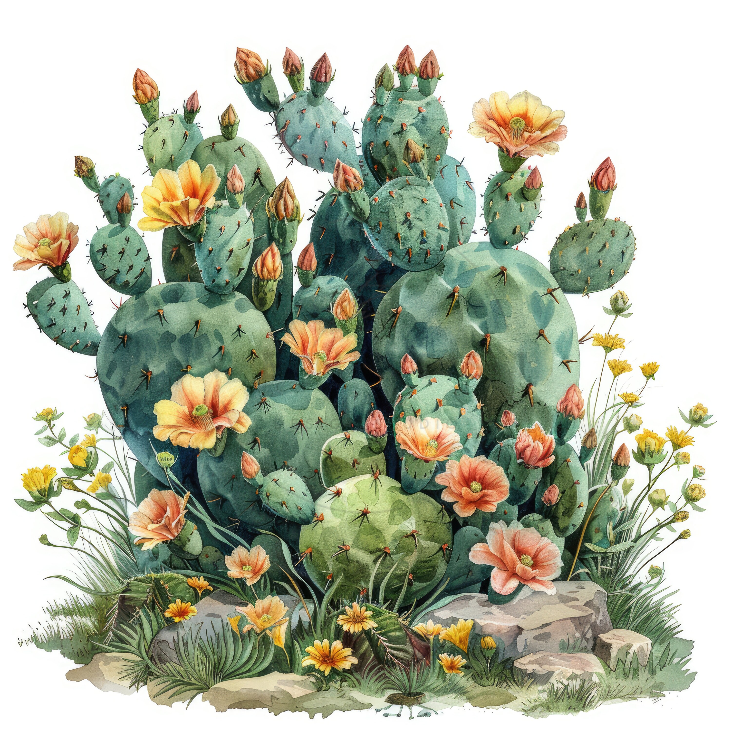 15 Vintage Blooming Cactus Watercolor Clipart Set, Desert Clipart ...