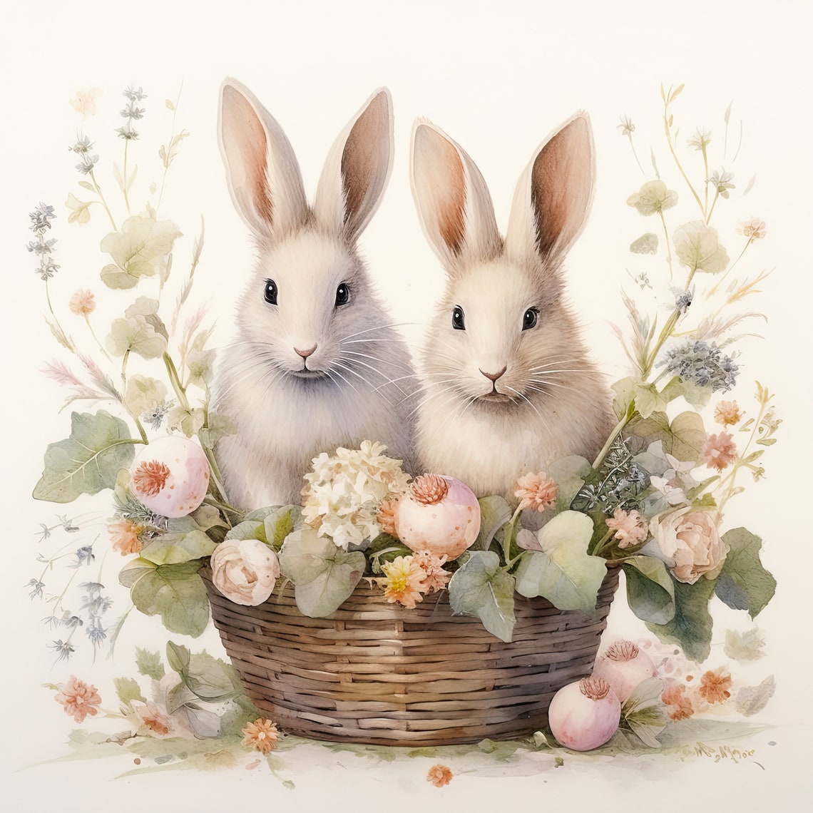 34 Easter Bunny Eggs Basket Clipart, Jpgs, Spring Bunny, Watercolor ...