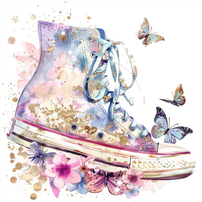 19 Floral Sneakers With Butterflies Clipart, Fashion Shoes Print ...
