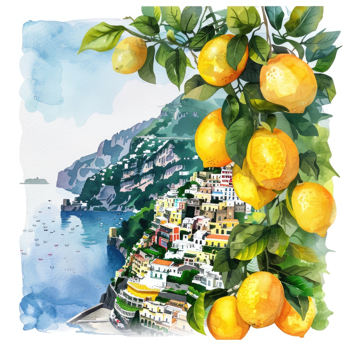 15 Italian Coast Clipart, Watercolor Amalfi Citrus Coast Clip Art ...