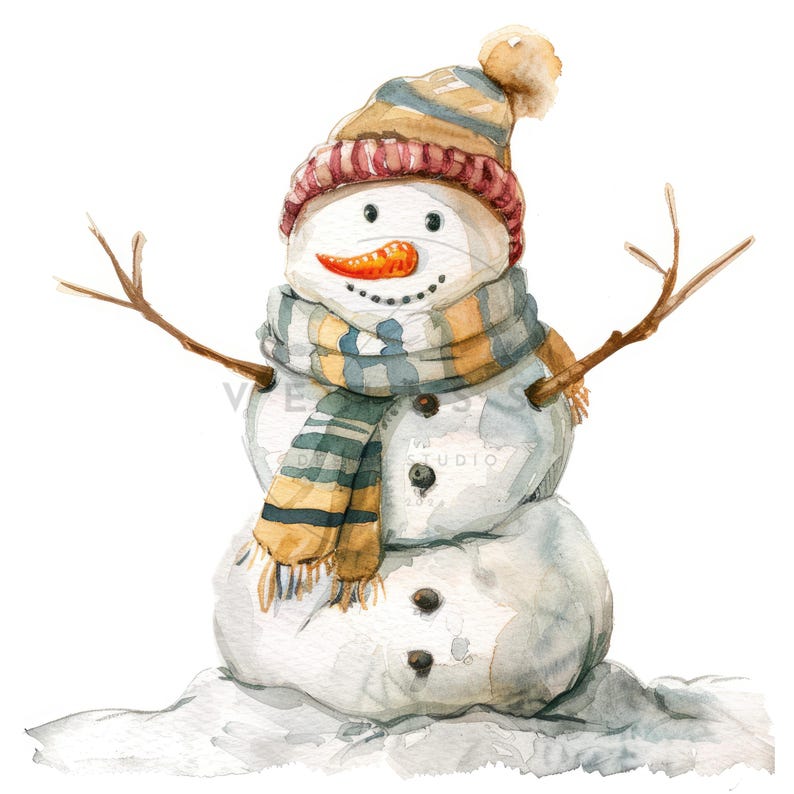 20 Whimsical Snowman Clipart, Watercolor Snowman Clipart, Christmas ...