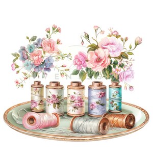 15 Vintage Spool of Thread With Flowers Clipart, Watercolor Floral ...