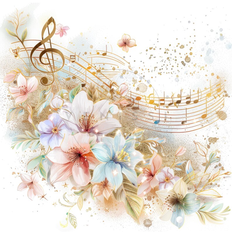 12 Floral Music Notes Clipart, Watercolor Music Clipart, Violin Print ...