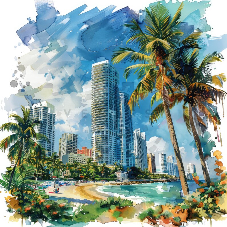 11 View of Miami Clipart, Summer Miami Clipart, Printable High Quality ...