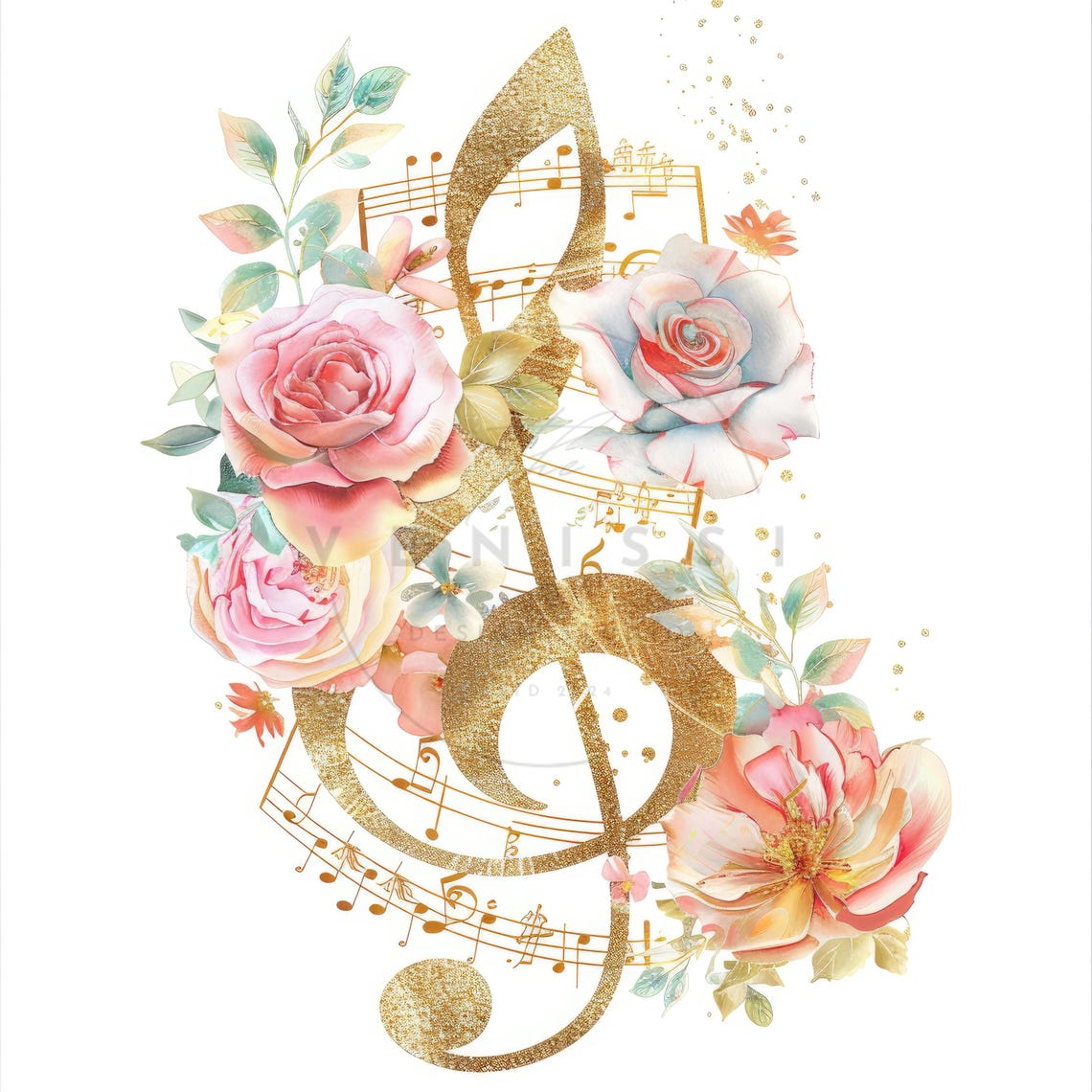 12 Floral Music Notes Clipart, Watercolor Music Clipart, Violin Print ...