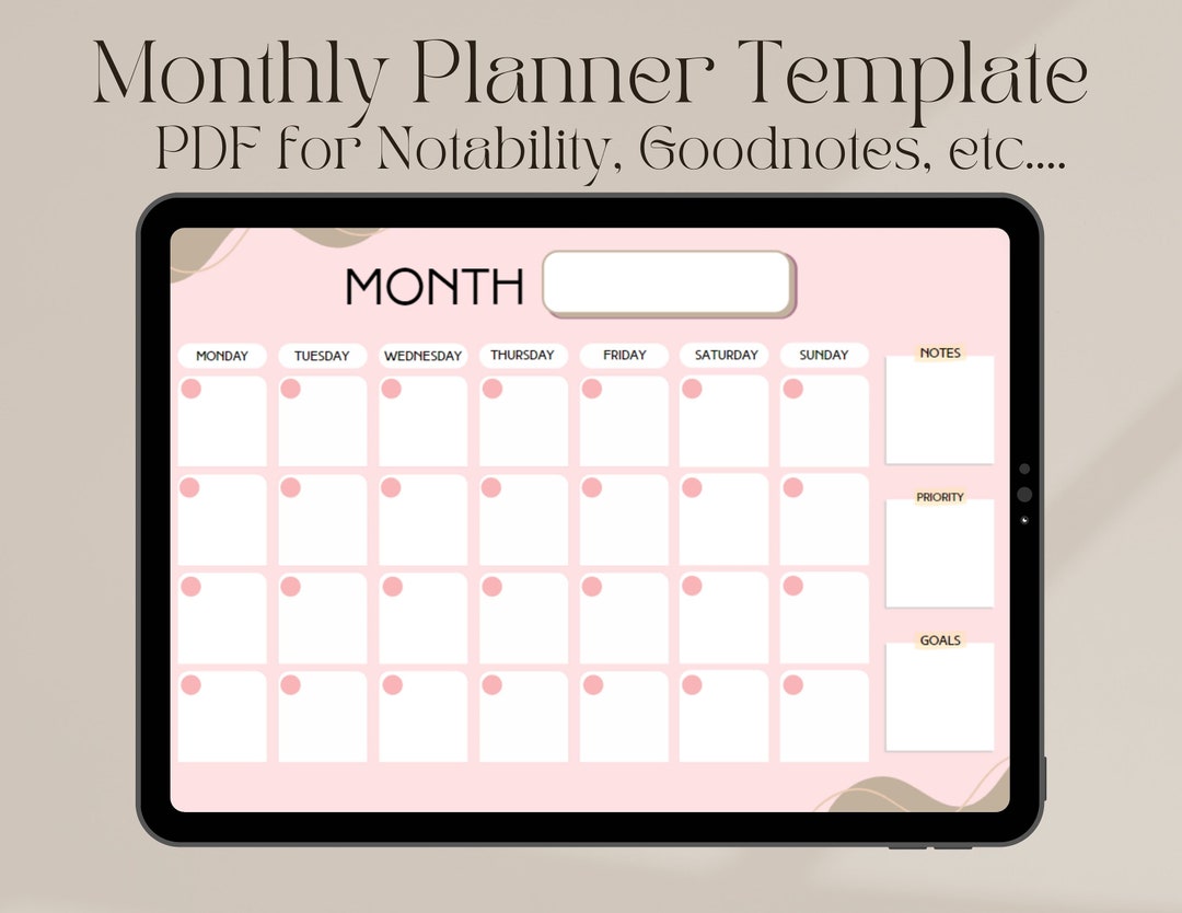 Monthly Planner Goodnotes Template, Undated Monthly Planner, Monthly ...