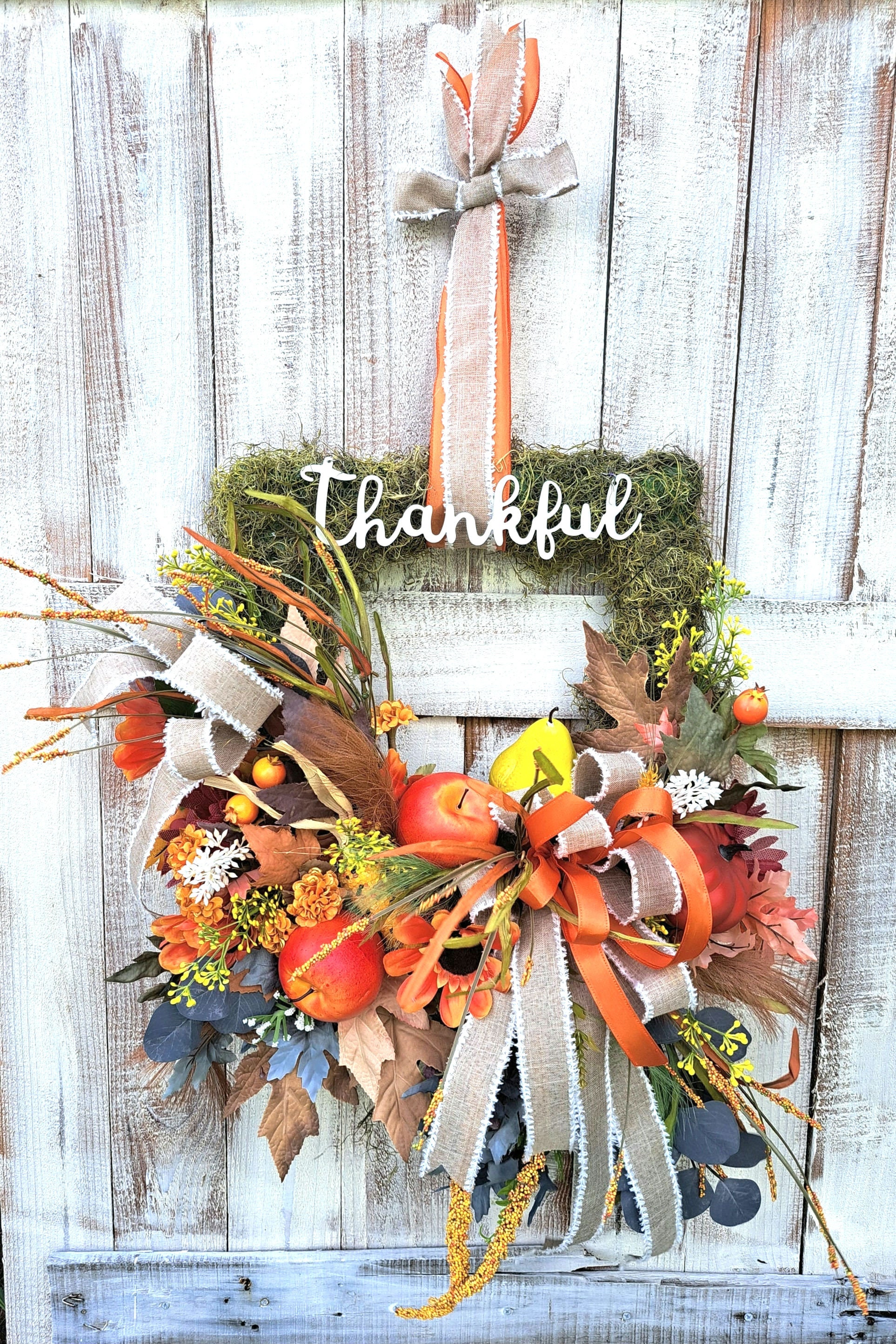 Fall Square Moss Thankful Harvest Wreath, Fruits Door Decor, Apples ...