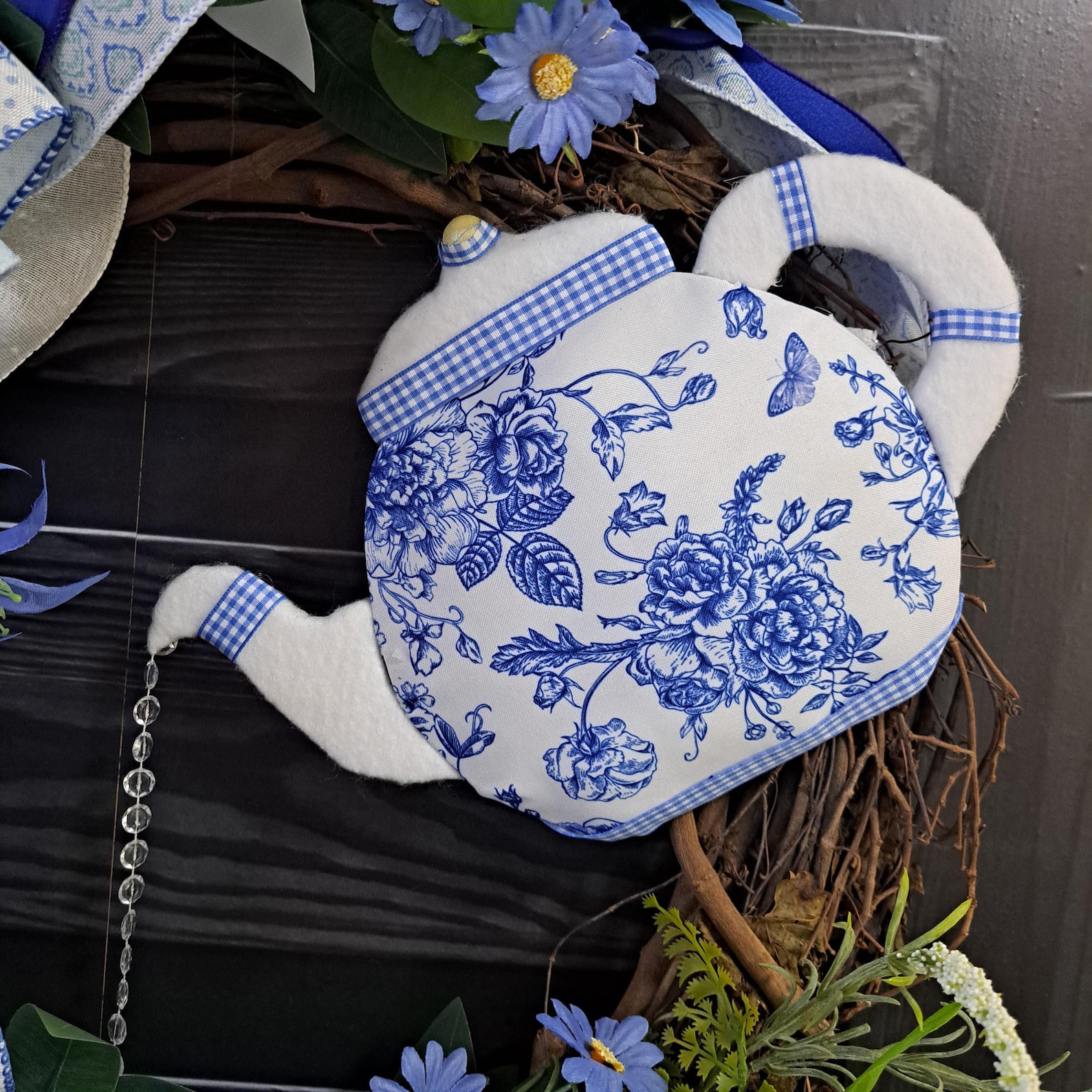 Blue Toile Teapot Wreath, Tea Party Door Decor, Tea Lover Gifts, Wall ...