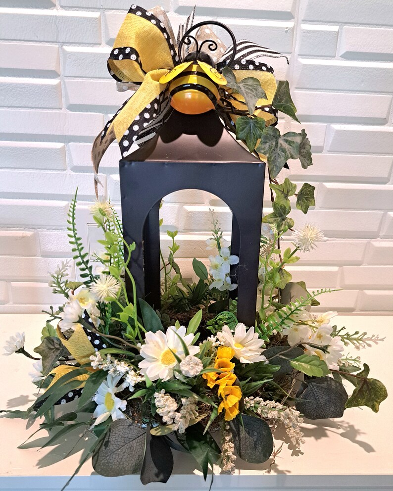 Bee Lantern Centerpiece, Black Metal Lantern, Bee Decor, Yellow Floral ...