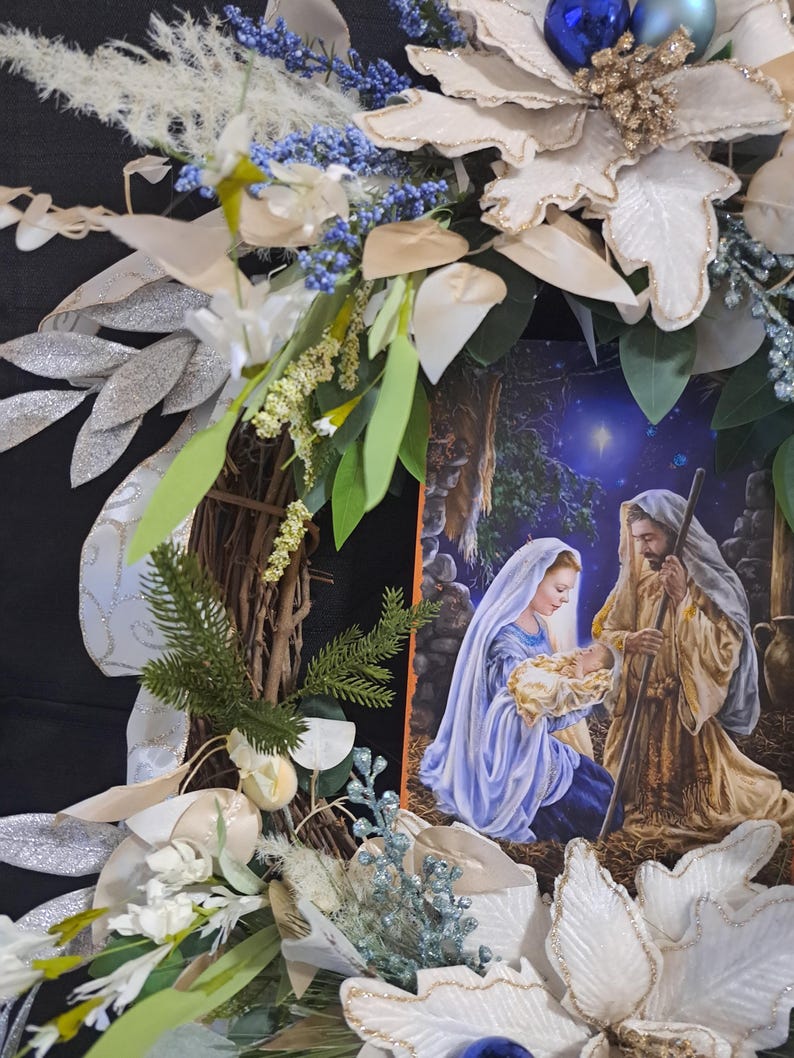 Christmas Nativity Door Wreath, Blue White Holy Family Door Hanger ...