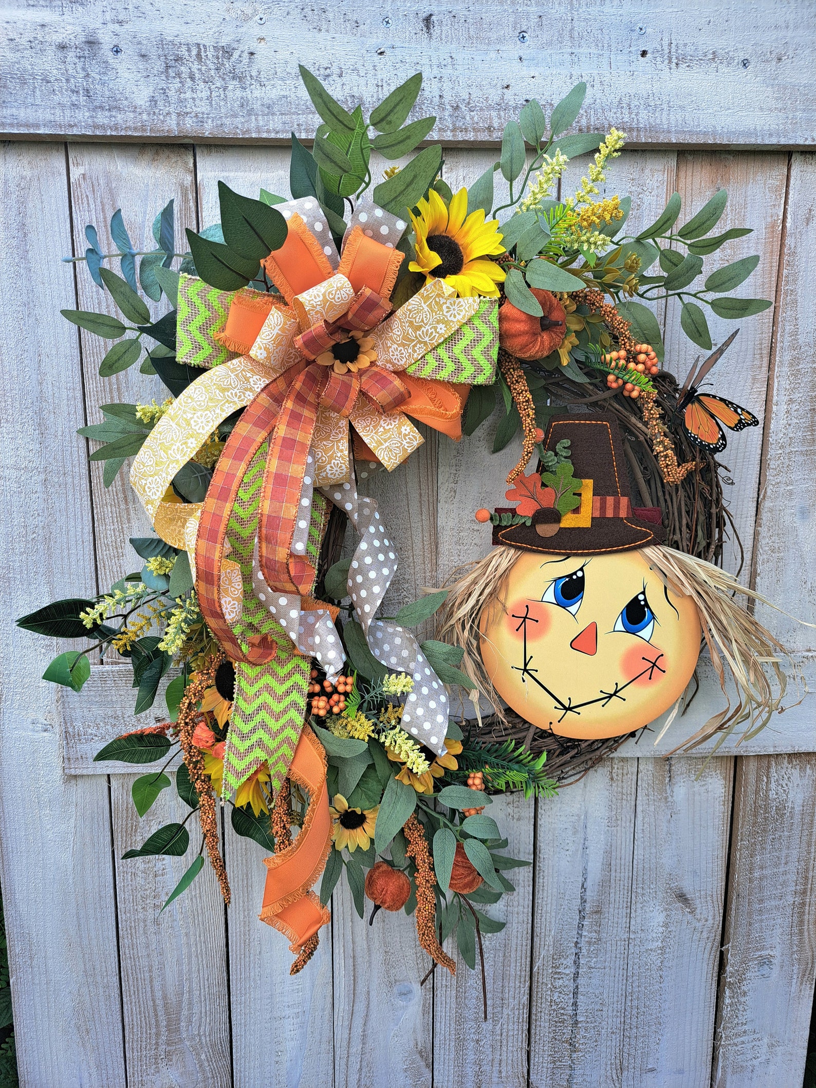 Scarecrow Fall Harvest Wreath, Cute Scarecrow Door Wreath, Fall ...