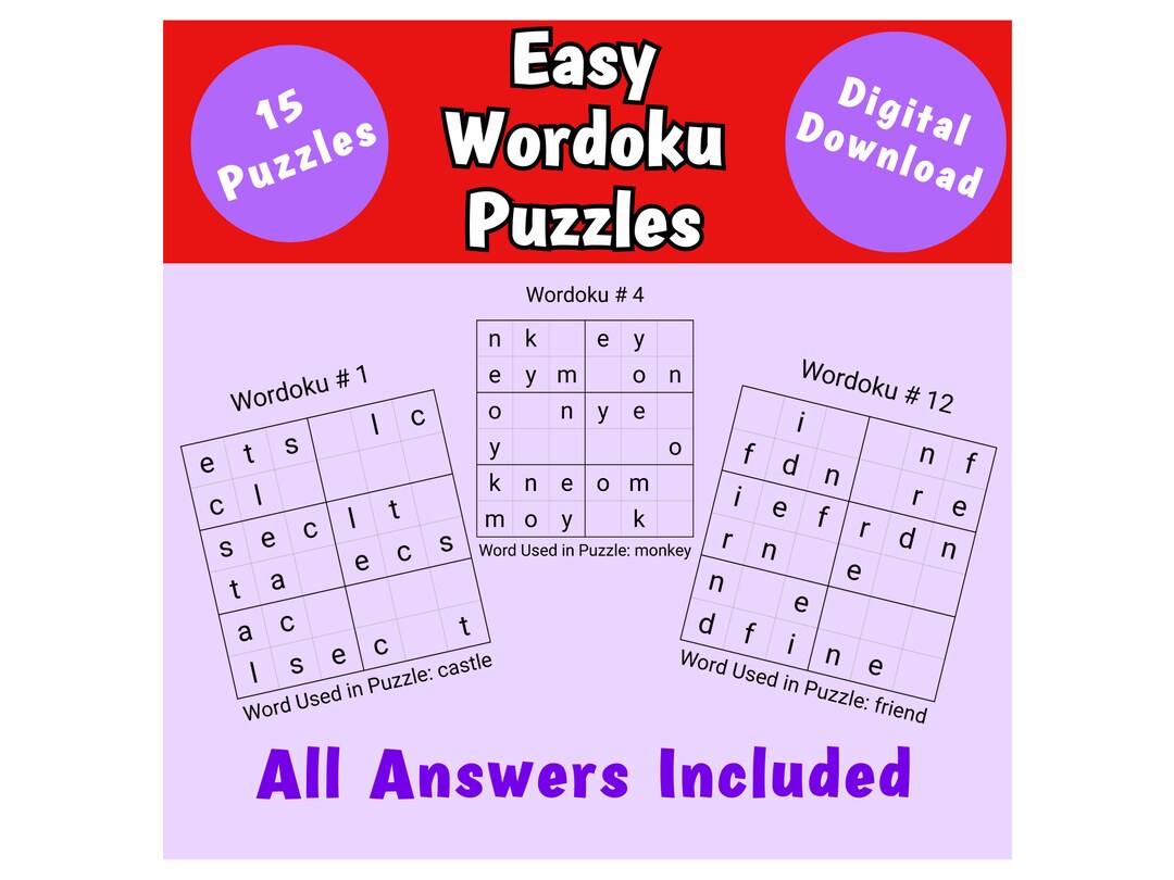 3x2 Easy Wordoku Puzzle Book, 15 Easy Puzzles, Kids Digital Download ...