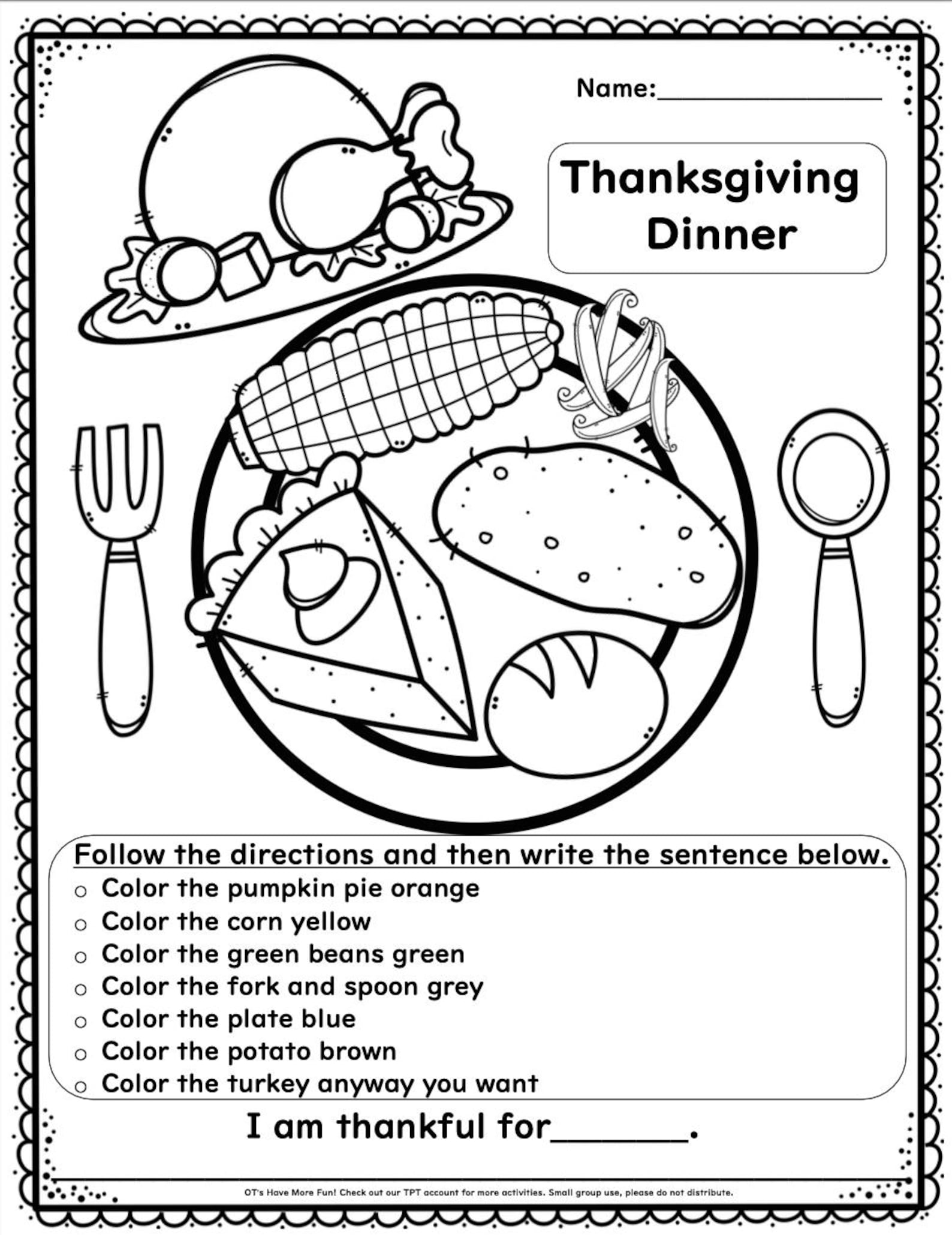 Thanksgiving Direction Following Activity, Homeschool Learning, for ...