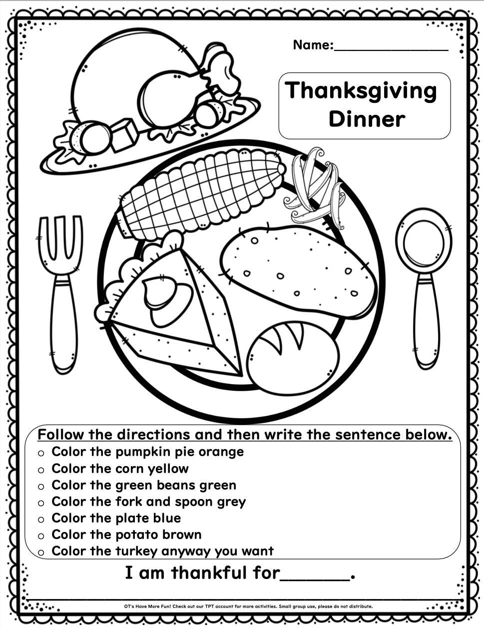 Thanksgiving Direction Following Activity, Homeschool Learning, for ...