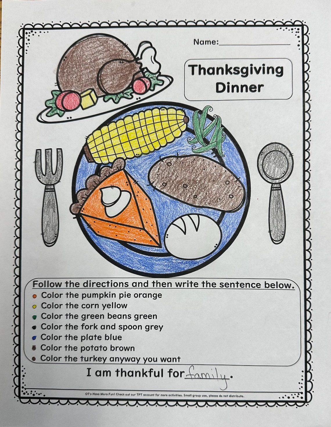 Thanksgiving Direction Following Activity, Homeschool Learning, for ...