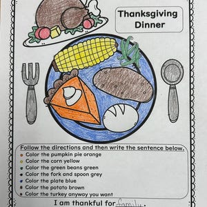 Thanksgiving Direction Following Activity, Homeschool Learning, for ...