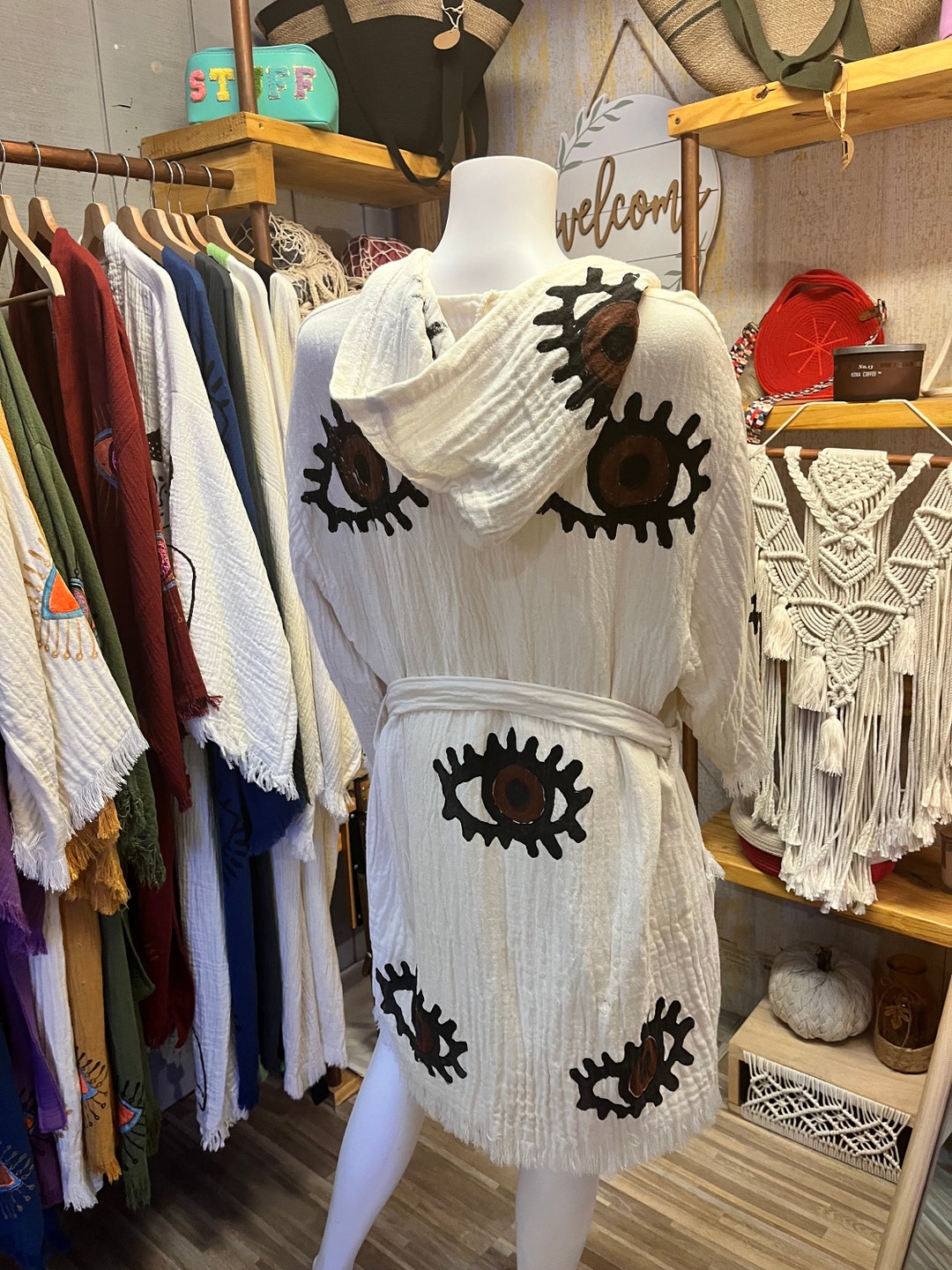 Handmade Hooded Muslin Kimono Robe: White Brown Evil Eye, Boho Kaftan ...