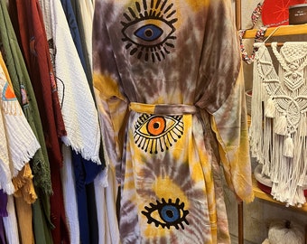 Handmade Short Brick Color Evil Eye, Kimono, Muslin Kimono, Cotton Robe ...