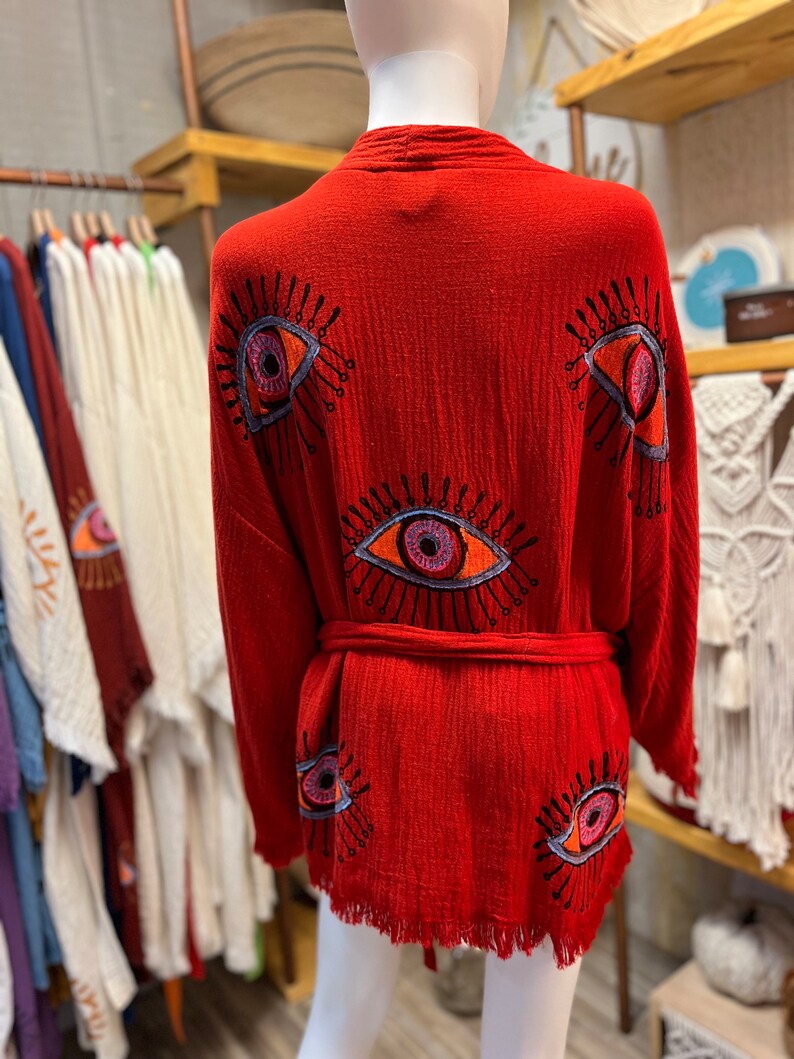 Handmade Red Evil Eye Muslin Kimono Robe: Organic Cotton Boho Kaftan - Etsy