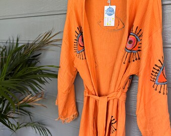 Handmade White, Gold Evil Eye, Kimono Robe, Muslin Kimono, Cotton Robe ...