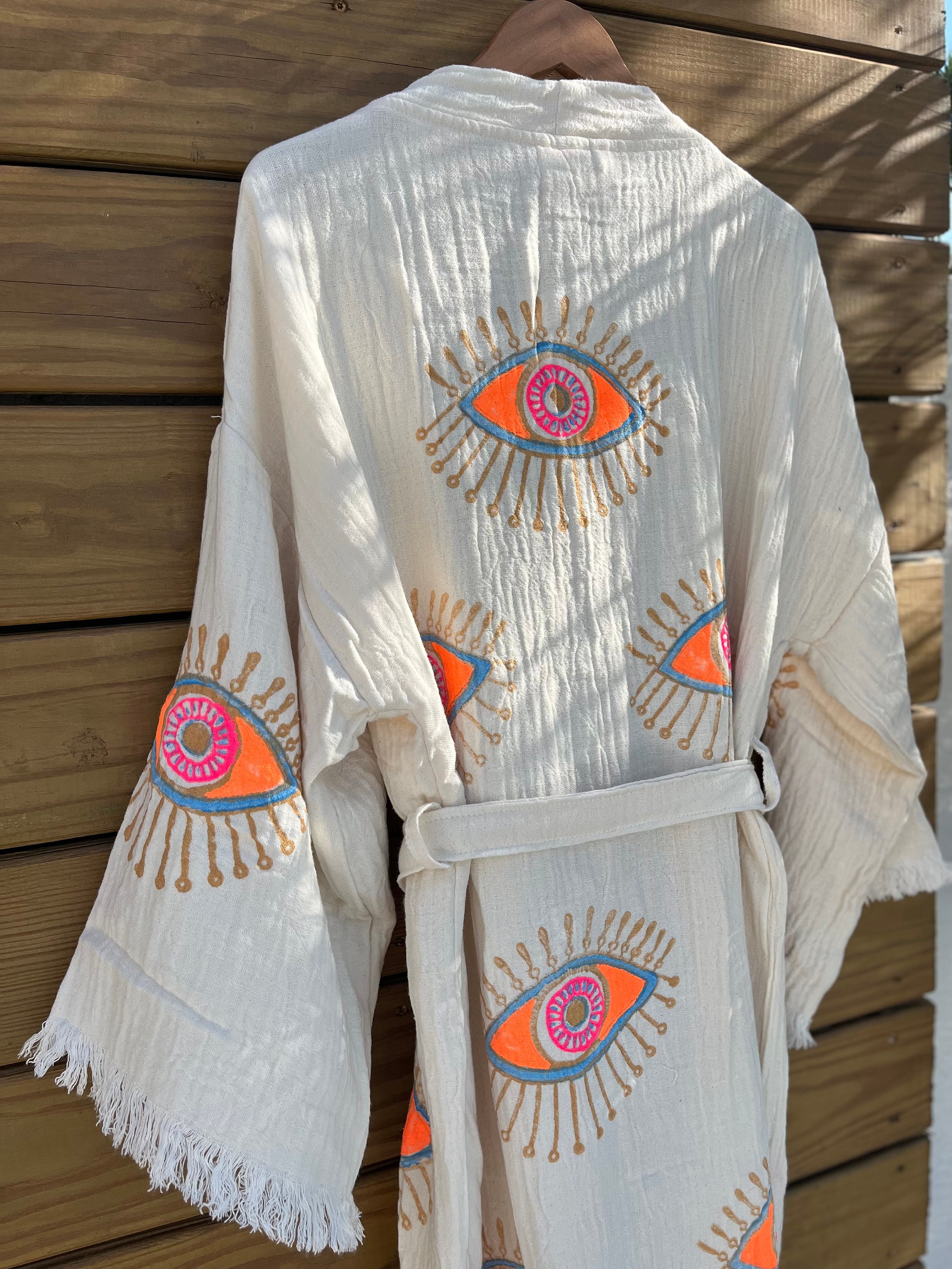 Handmade White, Gold Evil Eye, Kimono Robe, Muslin Kimono, Cotton Robe ...