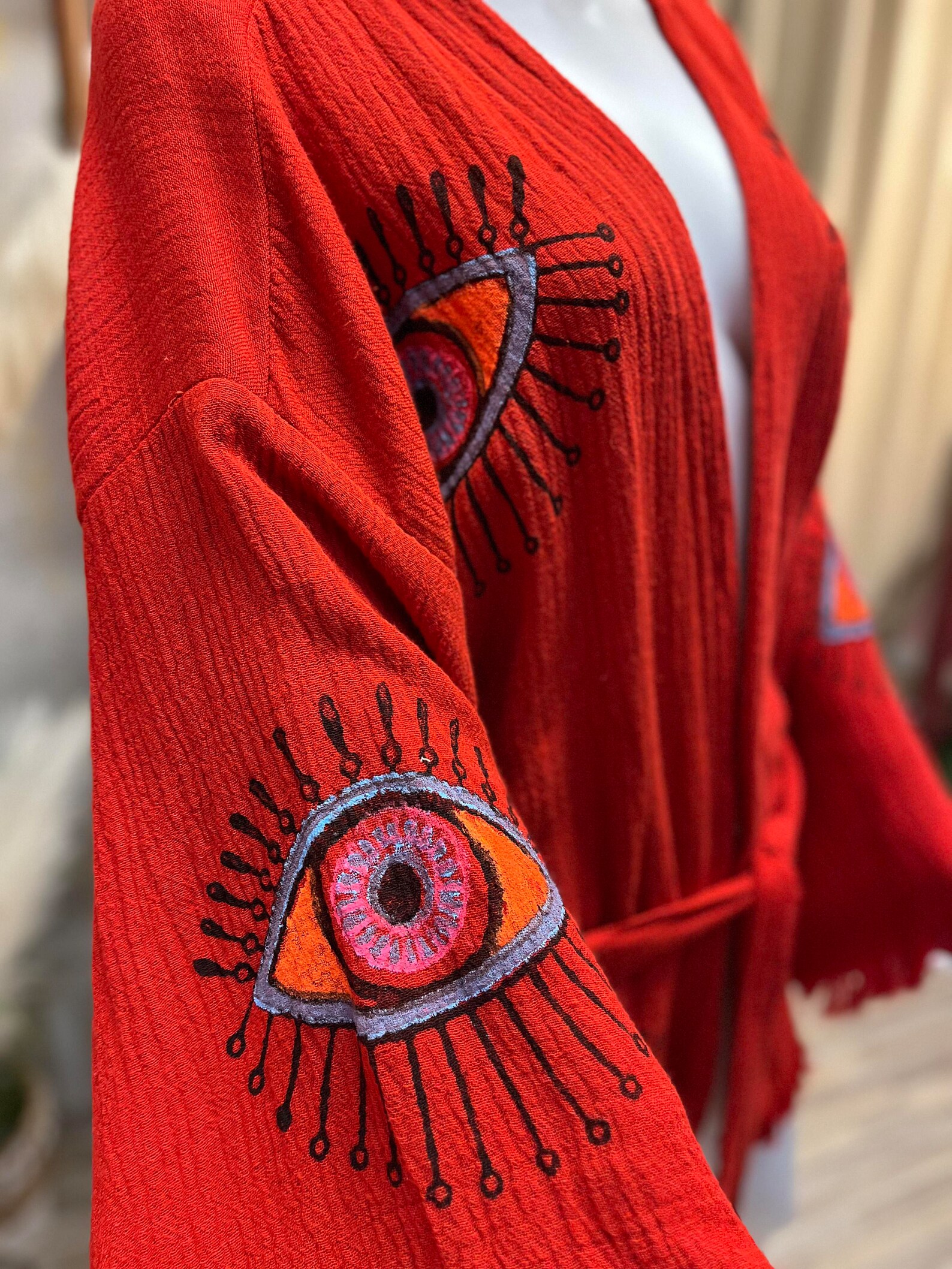 Handmade Red Evil Eye Muslin Kimono Robe: Organic Cotton Boho Kaftan - Etsy