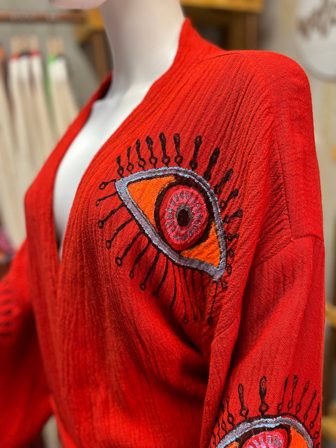 Handmade Red Evil Eye Muslin Kimono Robe: Organic Cotton Boho Kaftan - Etsy