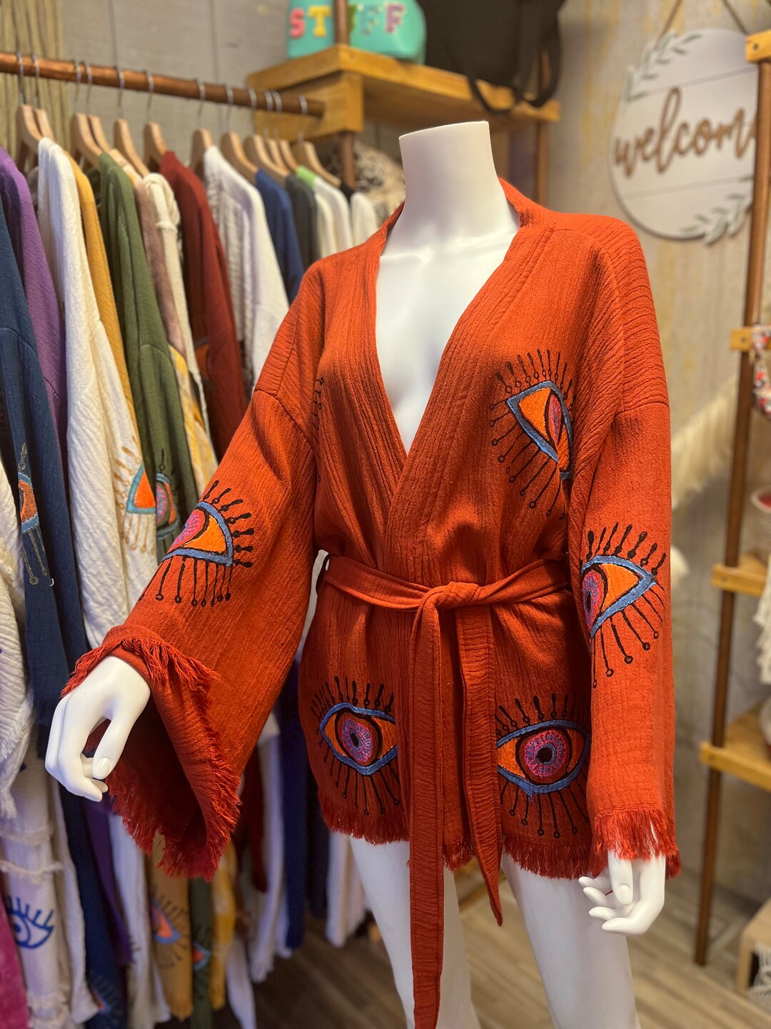 Handmade Short Brick Color Evil Eye, Kimono, Muslin Kimono, Cotton Robe ...