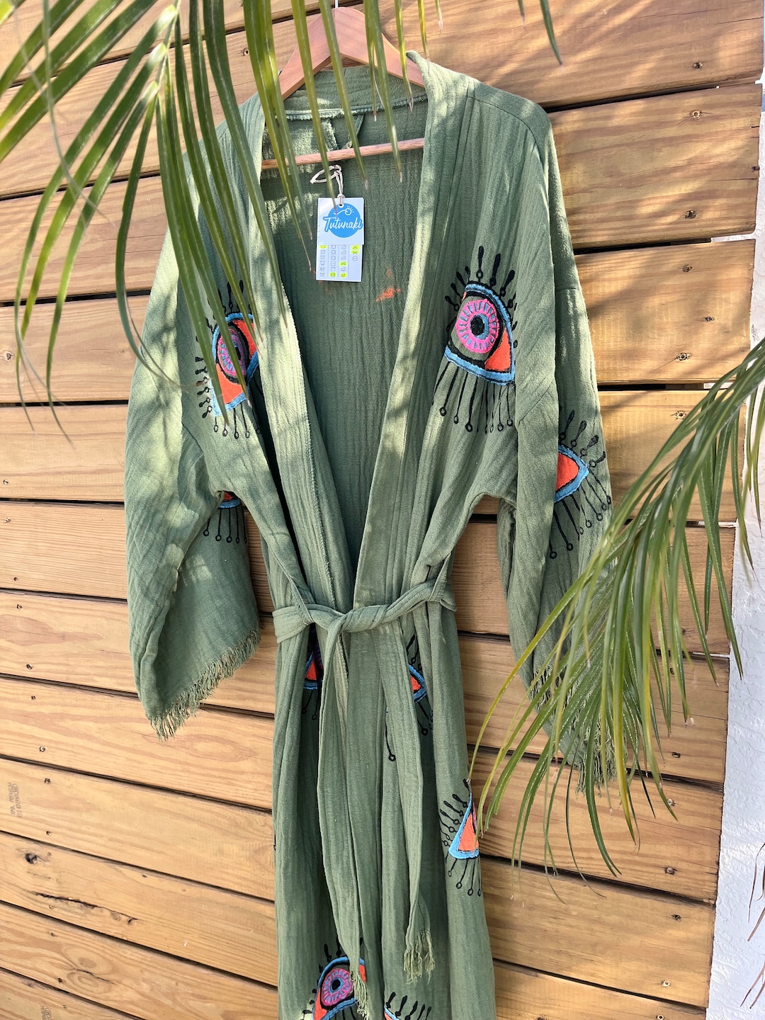 Handmade Green Evil Eye Kimono Robe: Organic Cotton Muslin Kaftan - Etsy