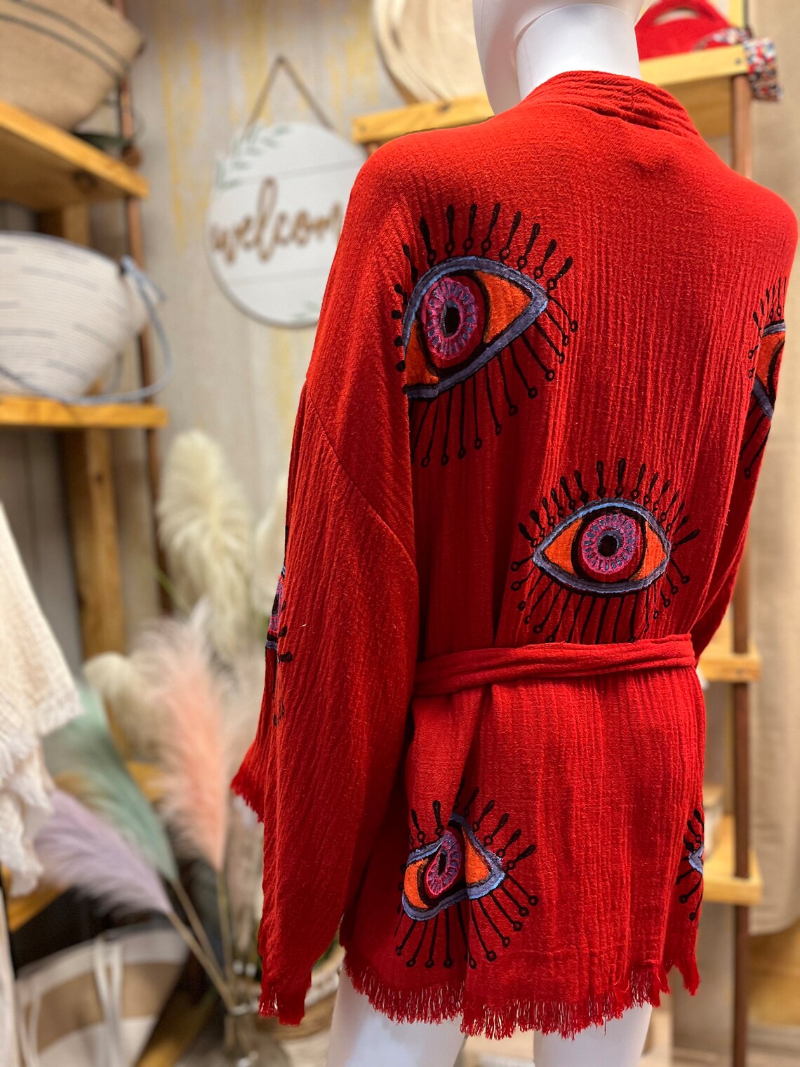 Handmade Red Evil Eye Muslin Kimono Robe: Organic Cotton Boho Kaftan - Etsy