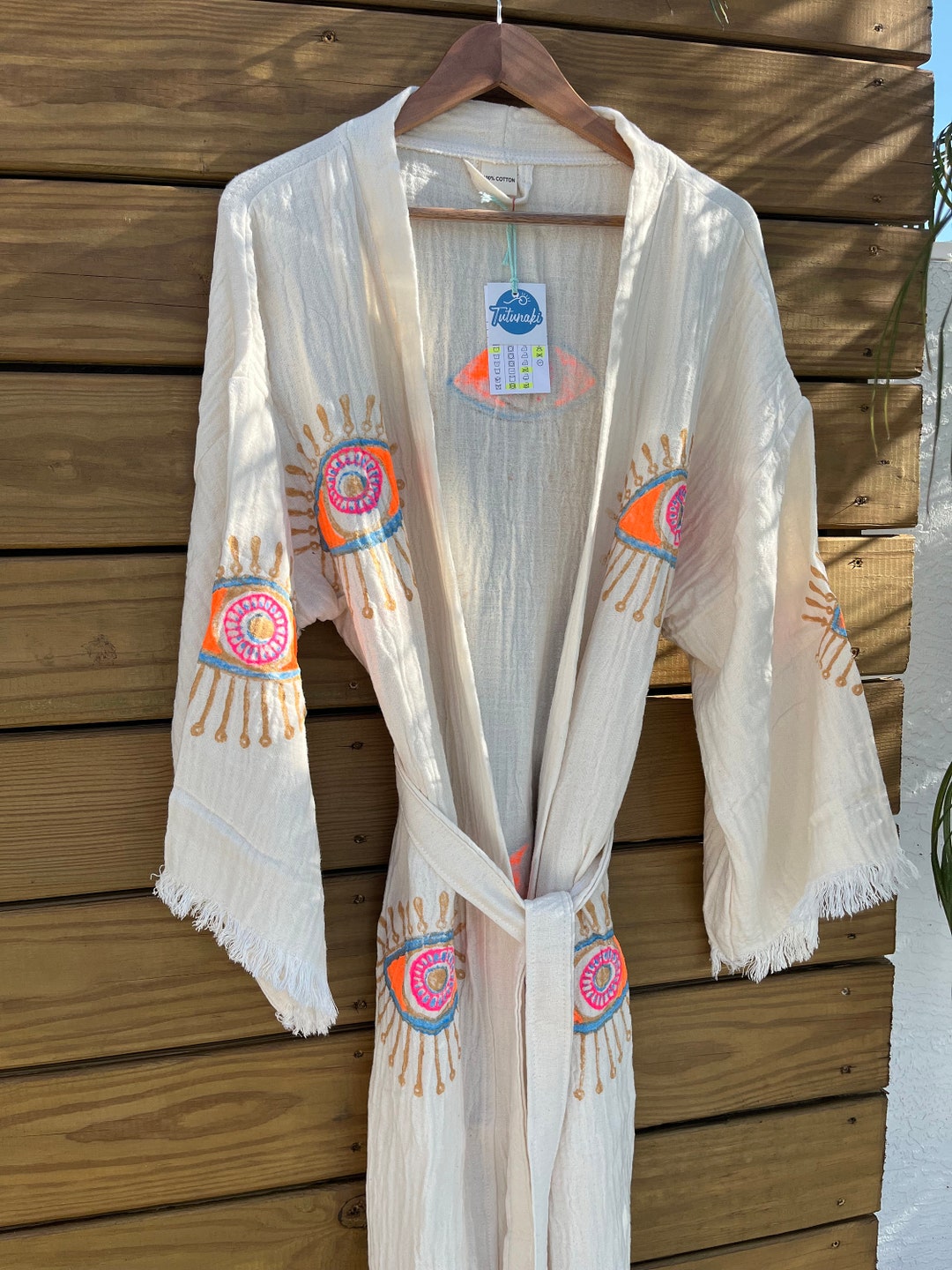 Handmade White, Gold Evil Eye, Kimono Robe, Muslin Kimono, Cotton Robe ...
