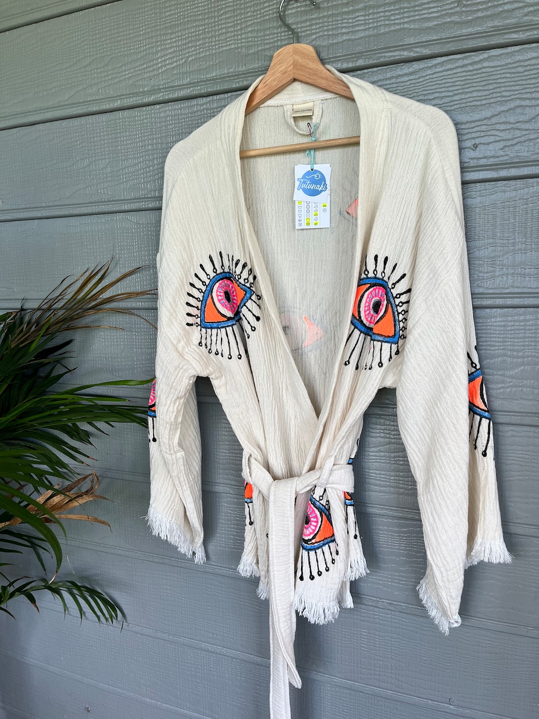 Handmade Organic Cotton Muslin Kimono Robe: White Evil Eye Boho Kaftan ...