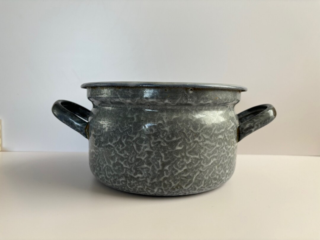 Gray Mottled Enamelware Pot, Vintage Marbled Enamel Ware Saucepan, Grey ...