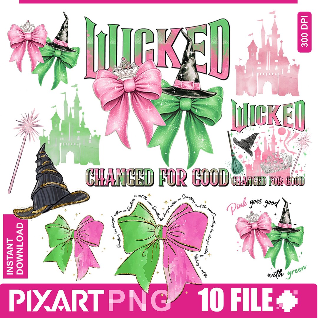 Wicked Witch Clipart PNG: Pink & Green Bows, Defying Gravity (digital ...