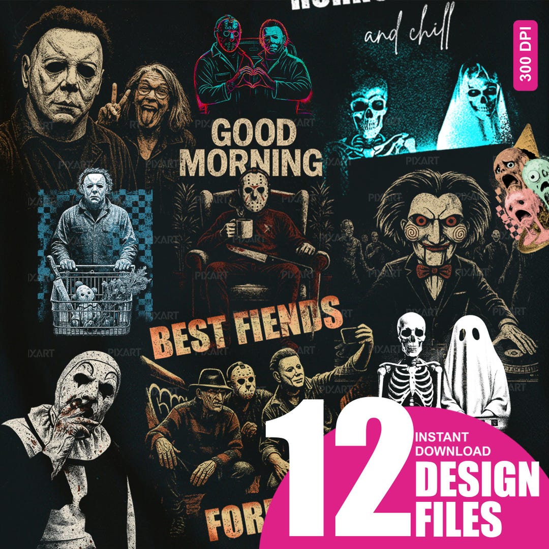 Funny Horror Movie Characters Retro PNG Bundle: Spooky Halloween Tee ...