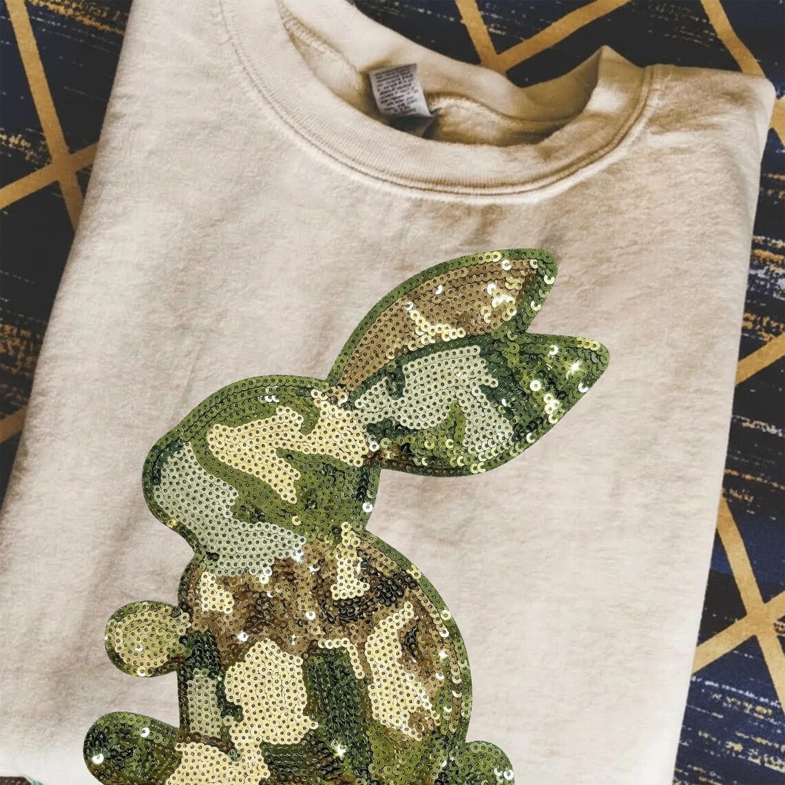 Happy Camo Patchwork Easter Png, Sequin Embroidery Trendy Bunny Design ...